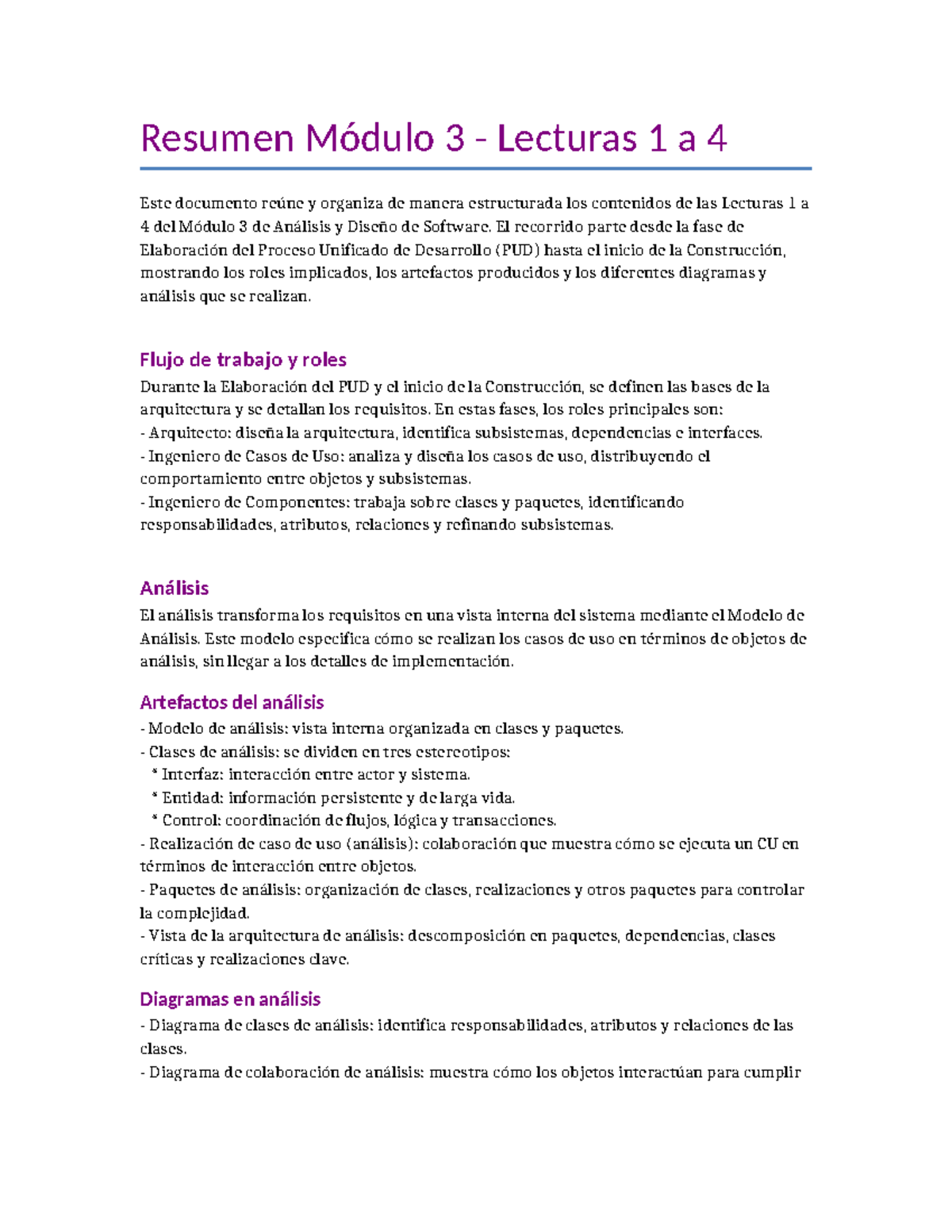 Resumen Módulo 3: Lecturas 1 a 4 en Análisis y Diseño de Software - Studocu