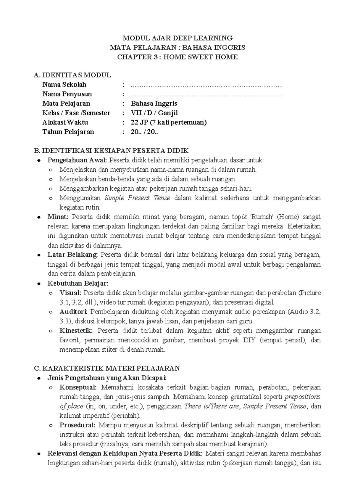MODUL AJAR DEEP LEARNING BAHASA INGGRIS VII D CHAPTER 3: HOME SWEET ...