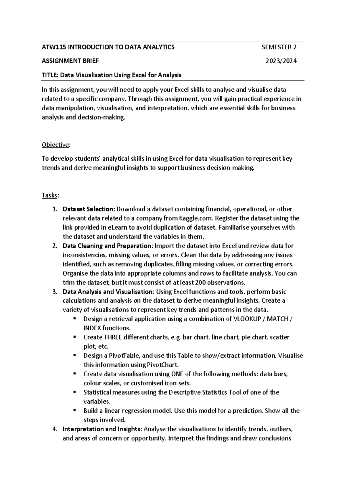 ATW115 Data Visualisation Assignment Brief: Excel Analysis & Insights - Studocu