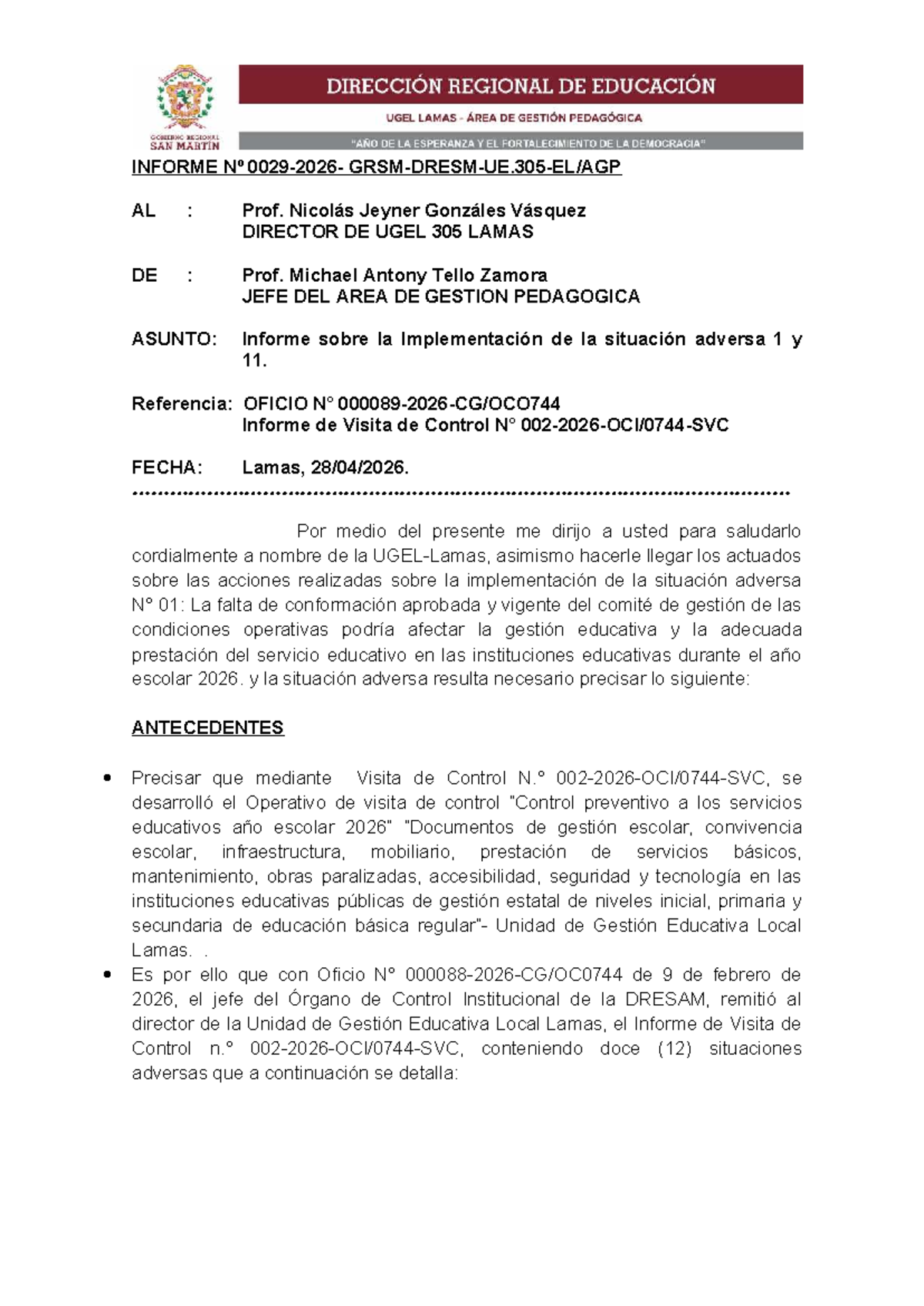 Informe 0029-2026: Situaciones Adversas en UGEL Lamas - Studocu