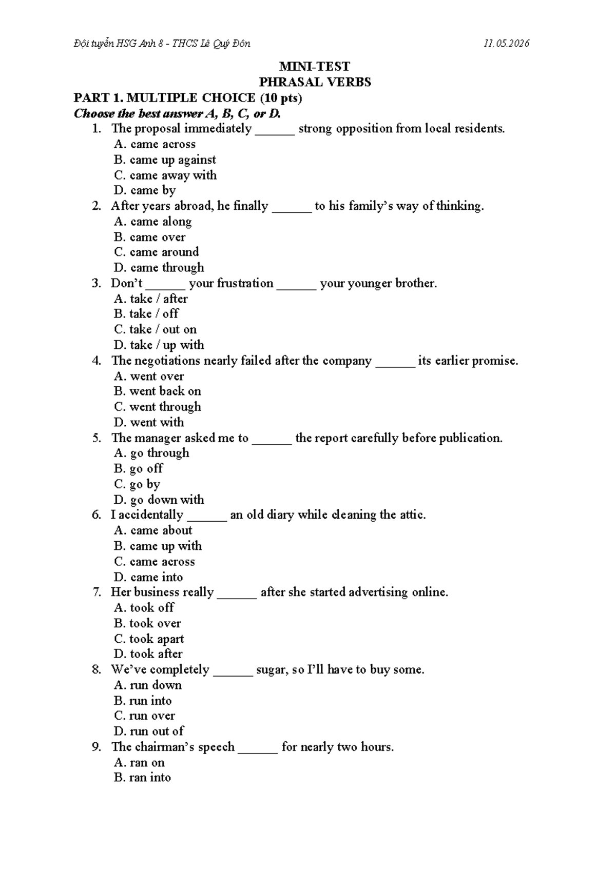 MINI-TEST: Phrasal Verbs for HSG Anh 8 - 11.05.2026 - Studocu