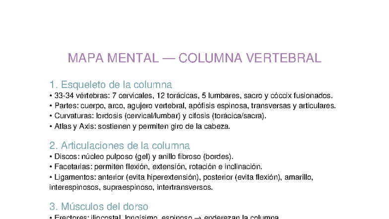 Mapa Mental Columna Vertebral: Estructura y Funciones - Studocu