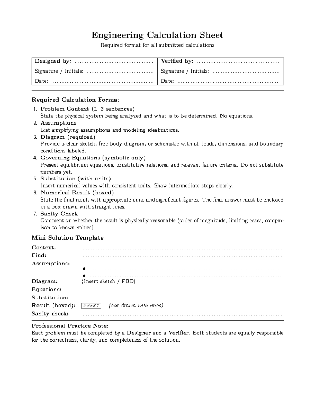MECH 3002 Engineering Calculation Sheet Format Guide - Studocu