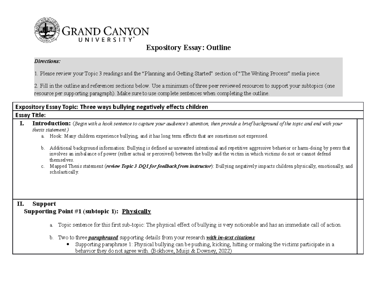UNV-104 T3 Expository Essay Outline on Bullying's Impact on Children ...
