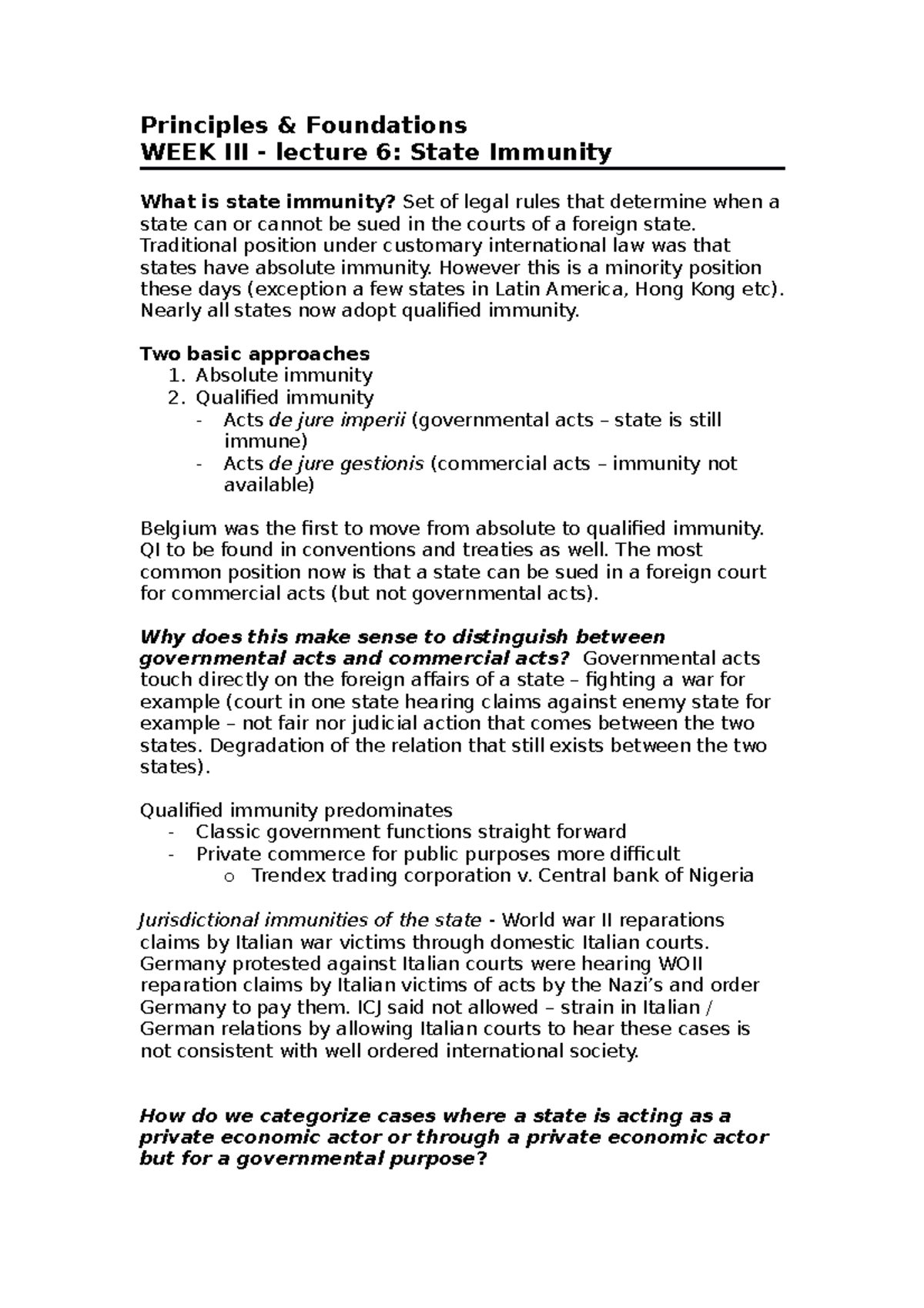 Week III - Lecture 6: Understanding State Immunity in Law - Studeersnel