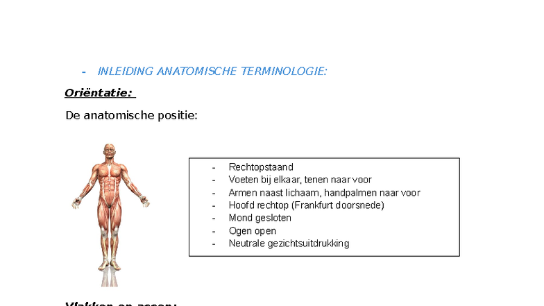 Anatomie 1: Inleiding Anatomische Terminologie en Posities - Studocu