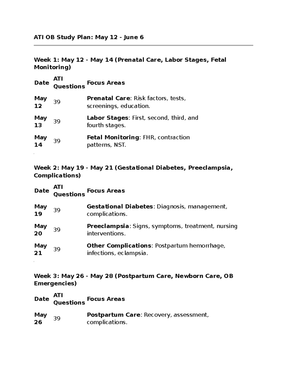 ATI OB Review Study Plan: Key Focus Areas & Practice Questions - Studocu