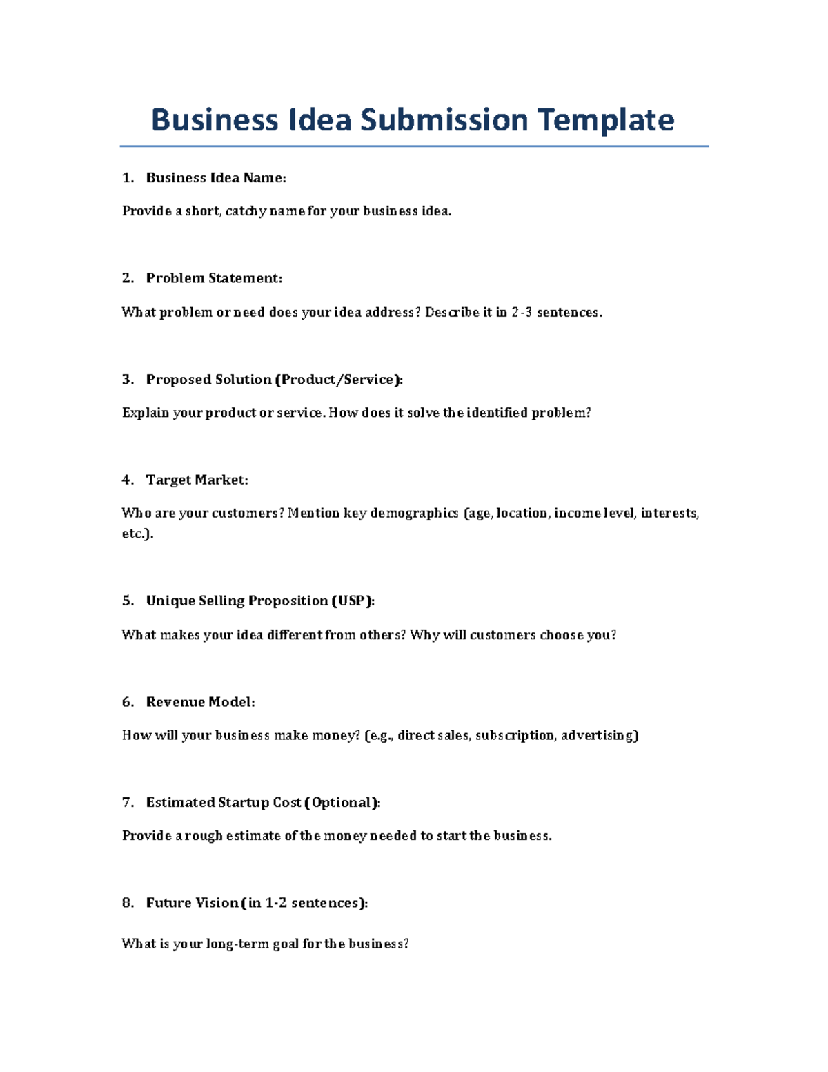 Business Idea Submission Template - EBPD MGT 3229 Guide - Studocu