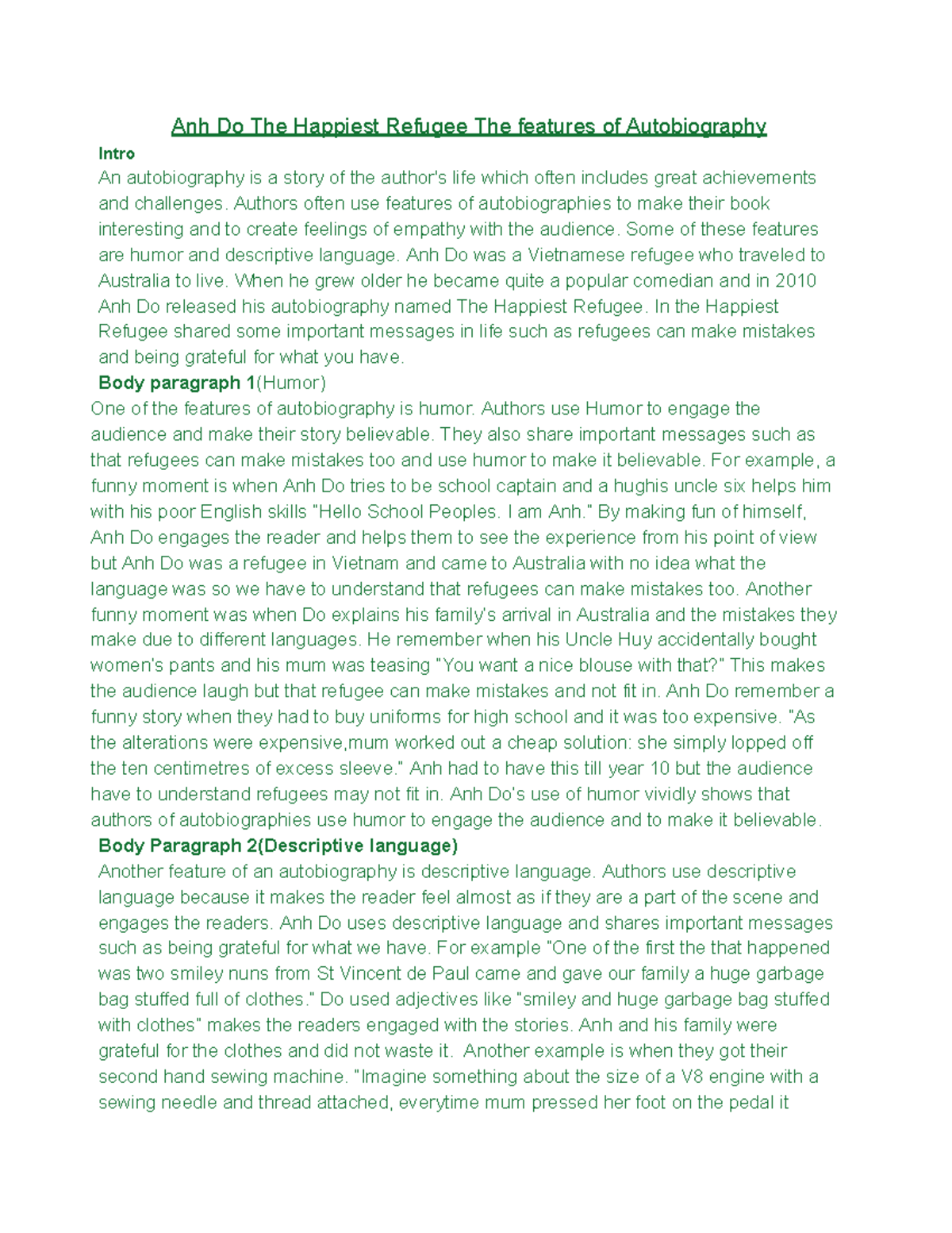 Anh Do's The Happiest Refugee: Autobiography Features Analysis - Studocu