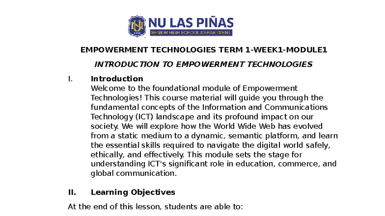 Etech W1 M1 - Intro to Empowerment Technologies Module 1 - Studocu