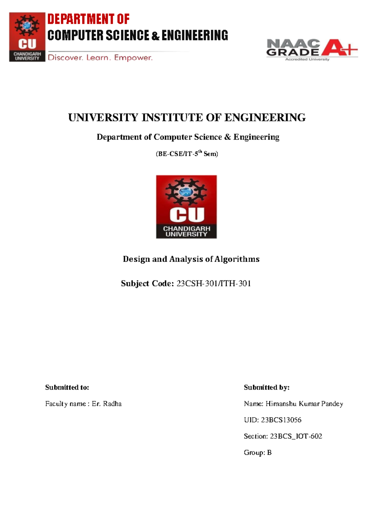 DAA Worksheet - Design and Analysis of Algorithms (CSE 5th Sem) - Studocu