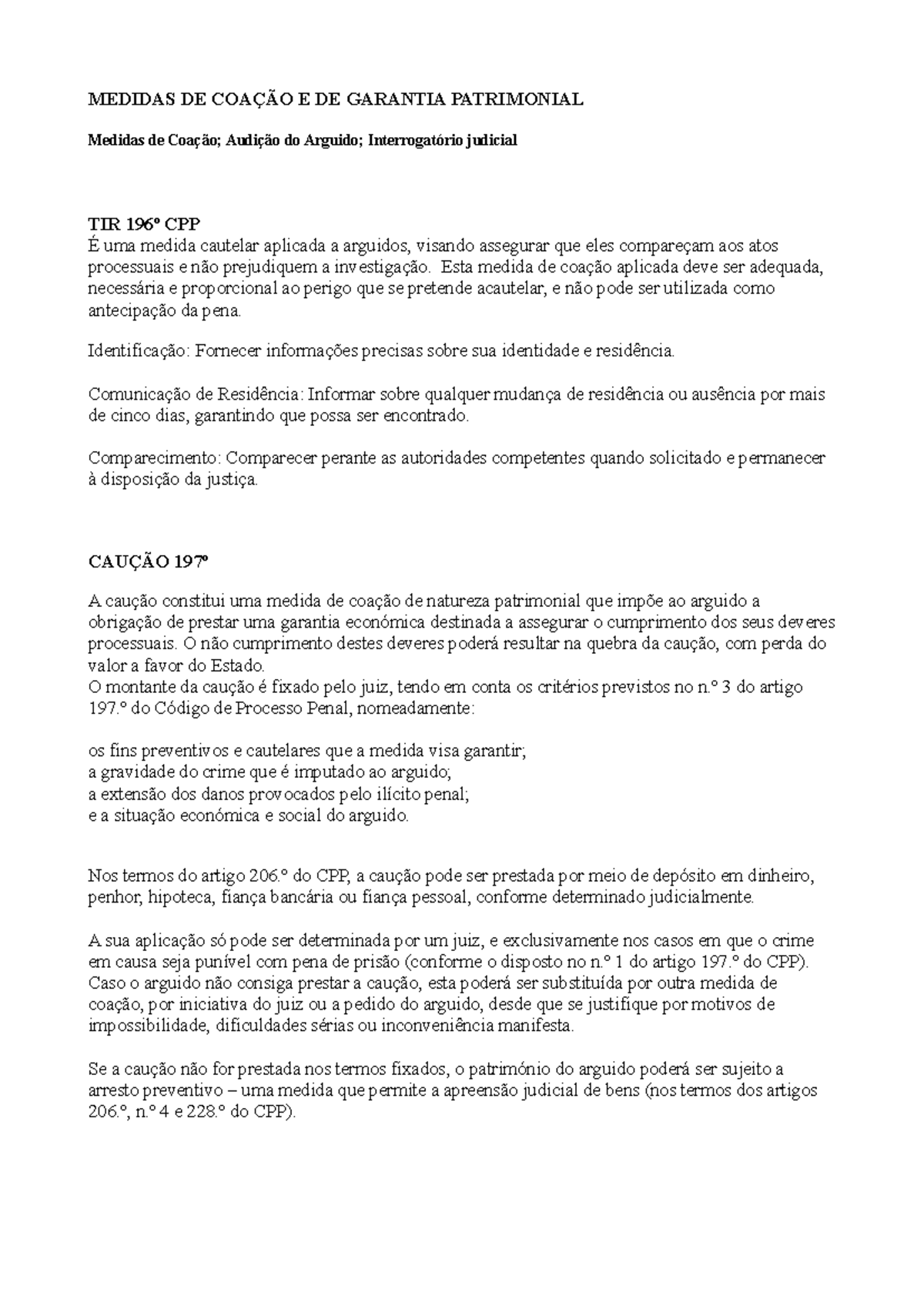 Medidas de Coação e Garantia Patrimonial - TIR 196º CPP - Studocu