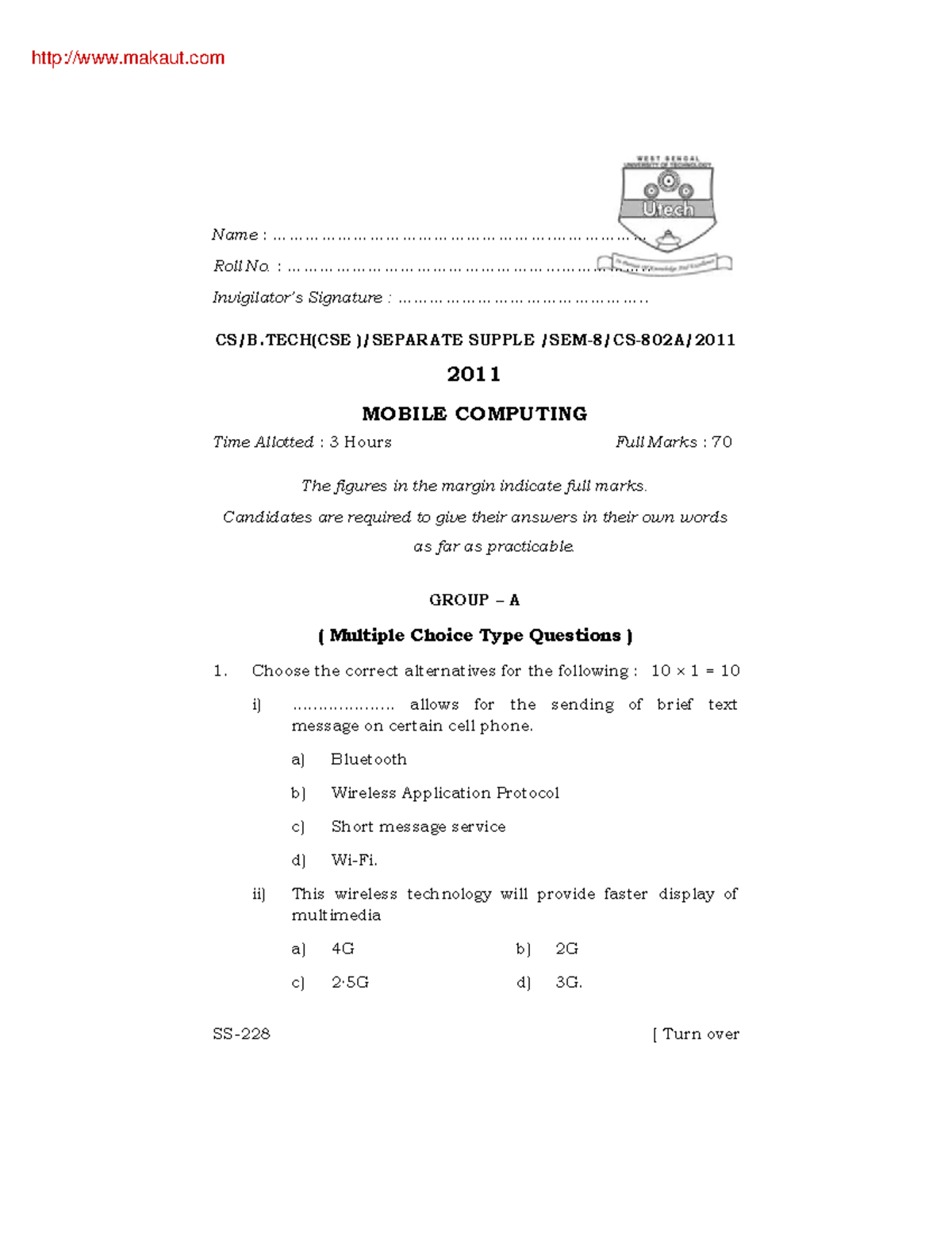CS B. TECH (CSE) SUPPLEMENTARY 2011: Mobile Computing Exam Questions ...
