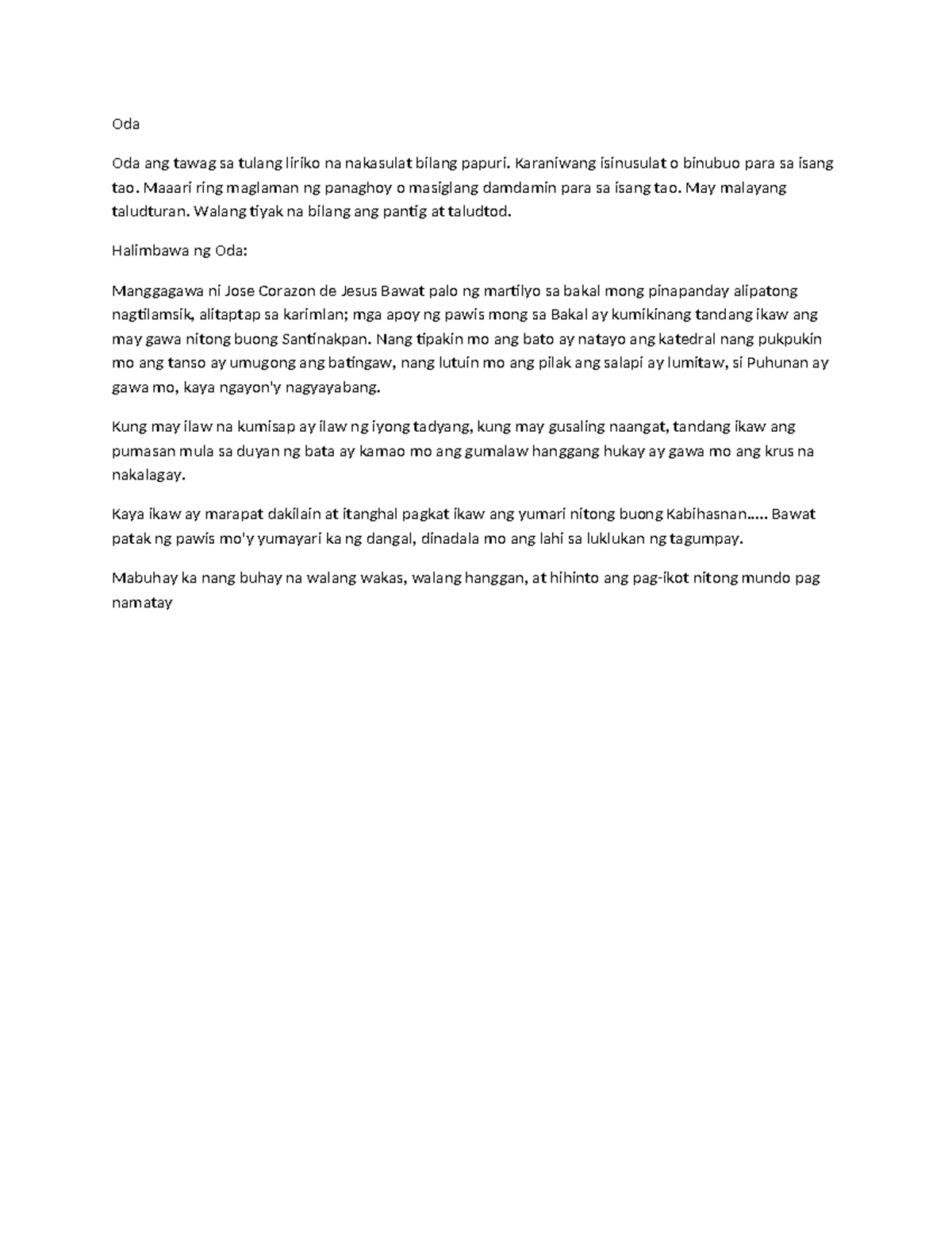 Oda sa Tagalog: Pagsusuri at Halimbawa ng Likhang Tula - Studocu
