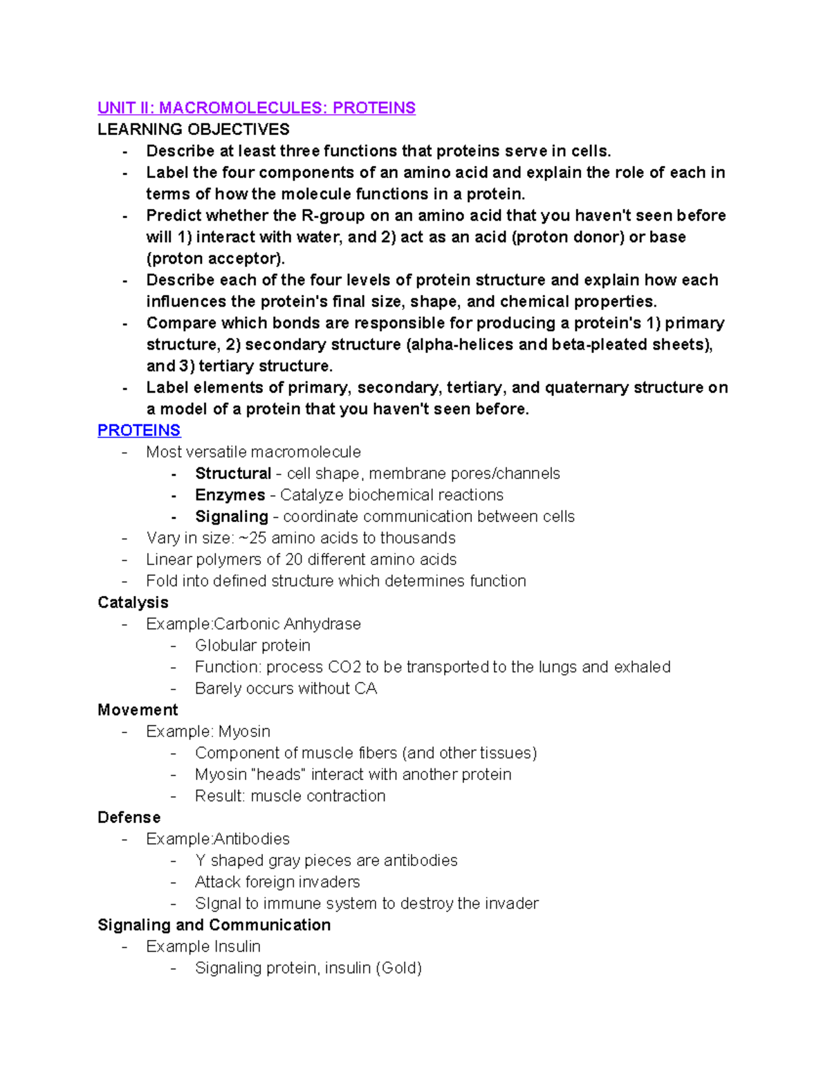 UNIT II: Macromolecules - Proteins Overview and Functions - Studocu
