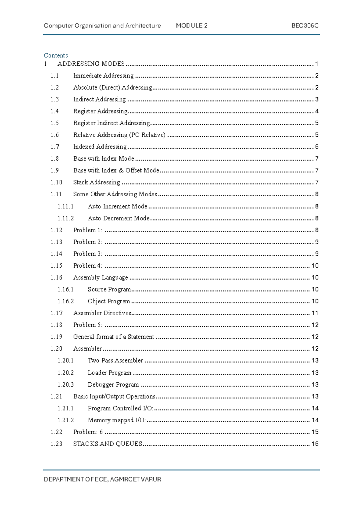 BEC306C Computer Organisation and Architecture Module 2: Addressing ...