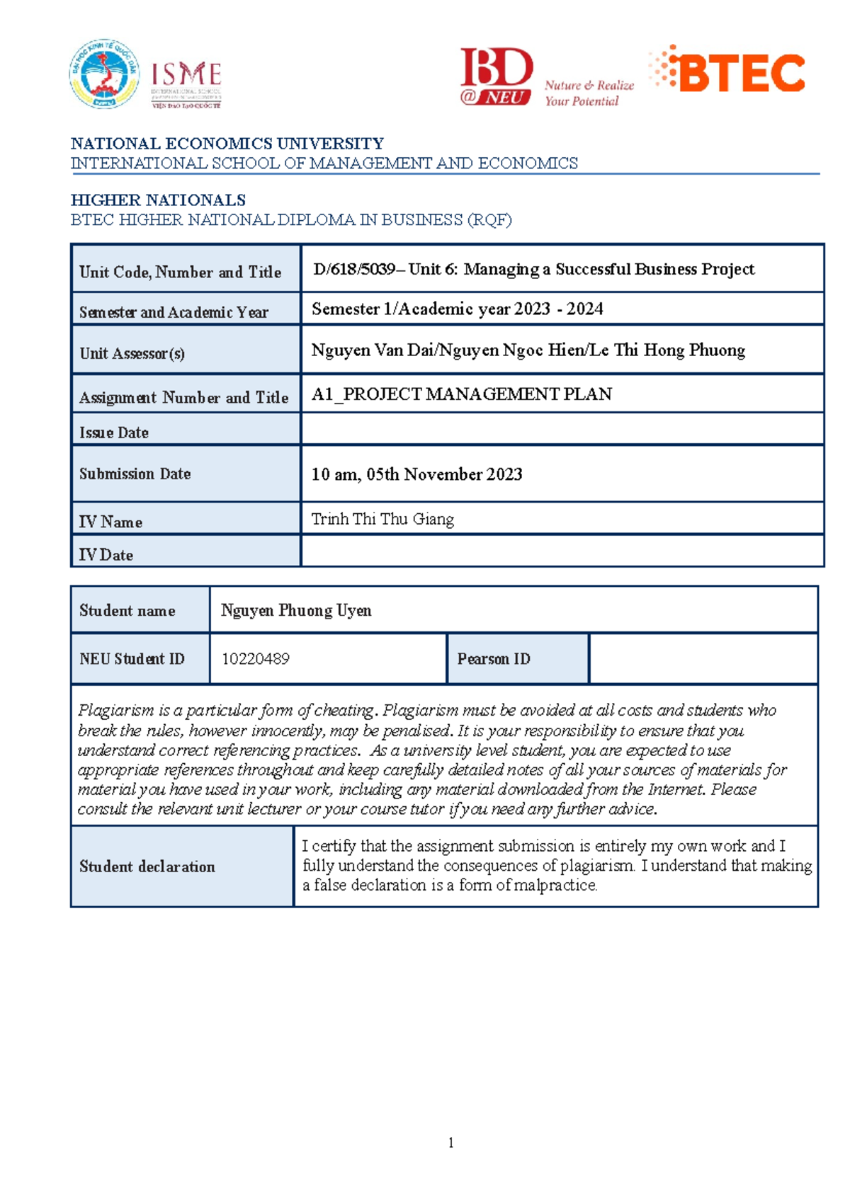 MSBP Assignment 1: Project Management Plan - SEM 1 - 2023-2024 - Studocu