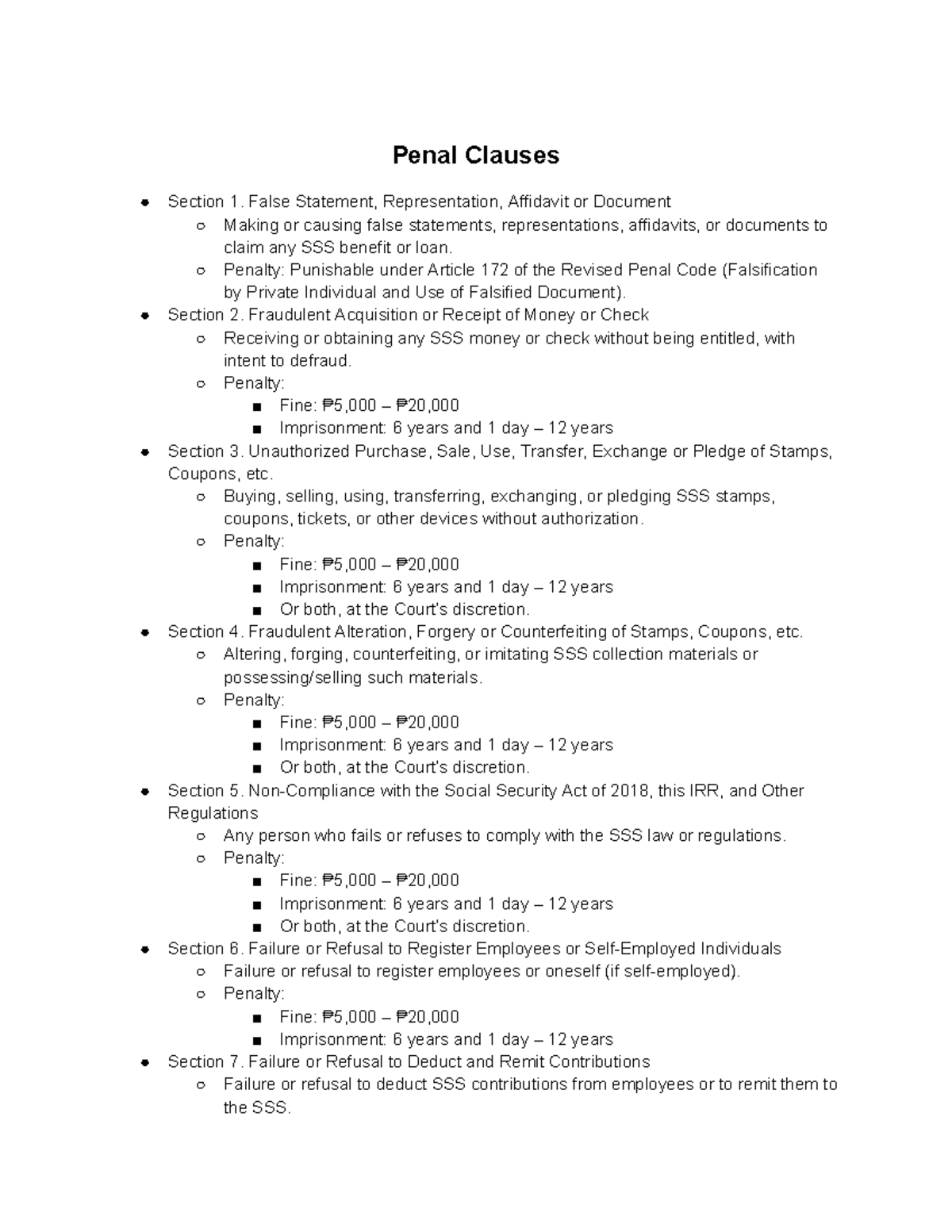 Penal Clauses RA 11199: Summary of Key Offenses and Penalties - Studocu