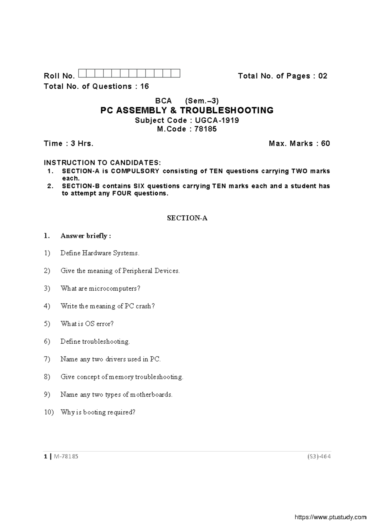 Bca-3-sem-pc-assembly-and-troubleshooting-78185-jan-2021 - 1 | M-78185 ...