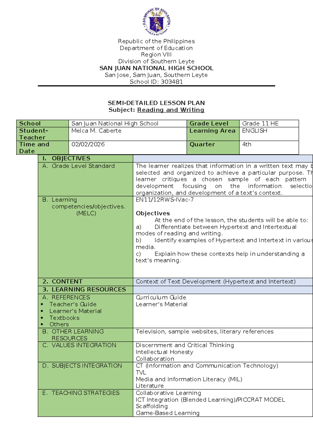 Grade 11 HE English Lesson Plan: Hypertext & Intertext Concepts - Studocu