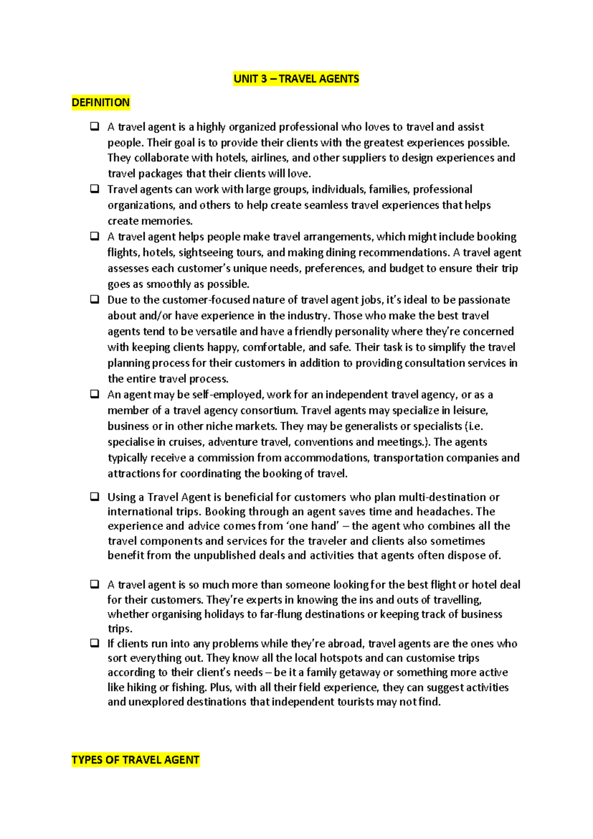 BBA - Unit 3 - Understanding the Role and Types of Travel Agents - Studocu