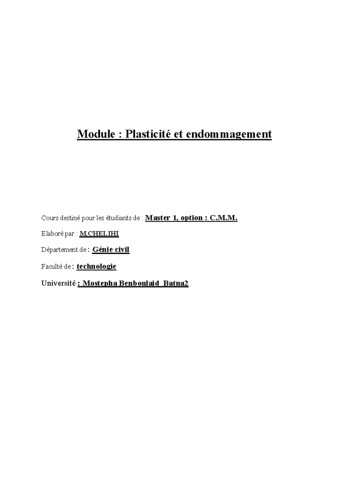 Cours de Plasticité et Endommagement - Master 1 C.M.M. - Chapitre 1 ...
