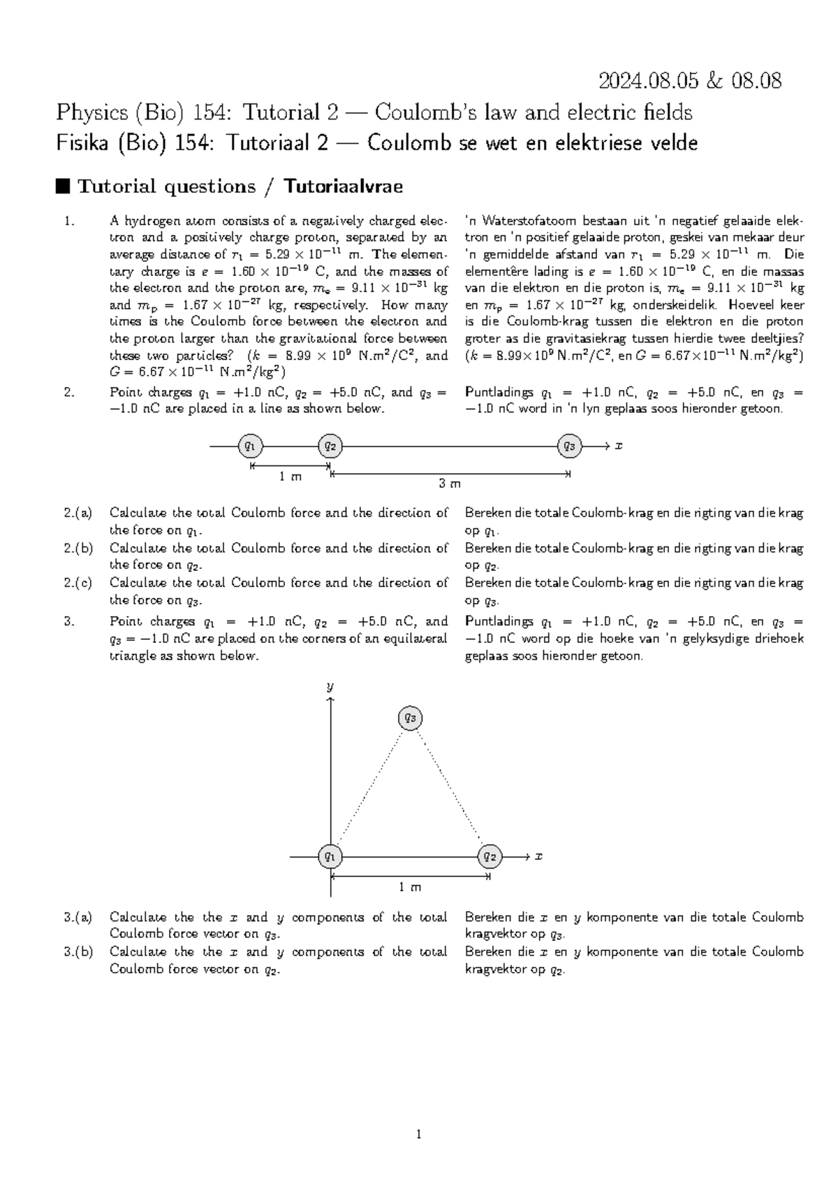 Physics (Bio) 154: Tutorial 2 - Coulomb's Law & Electric Fields - Studocu