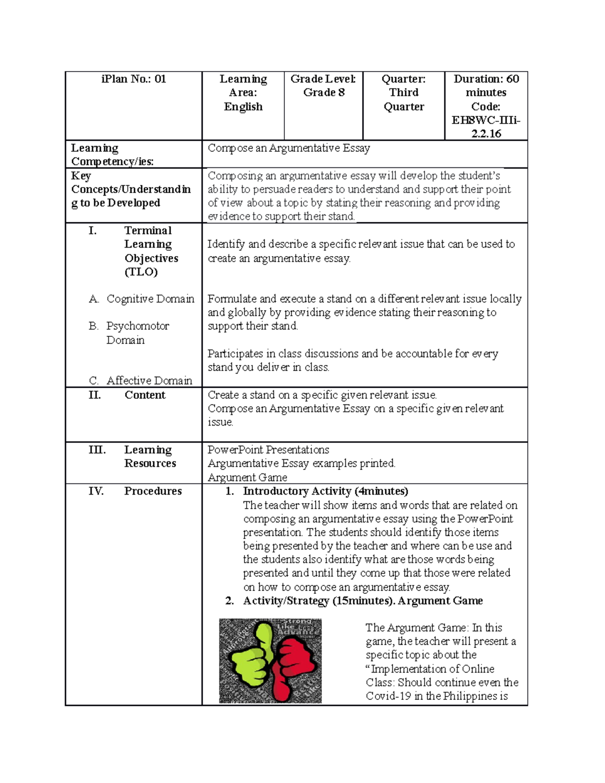 iPlan 01: Composing an Argumentative Essay for Grade 8 (EH8WC-IIIi-2.2 ...