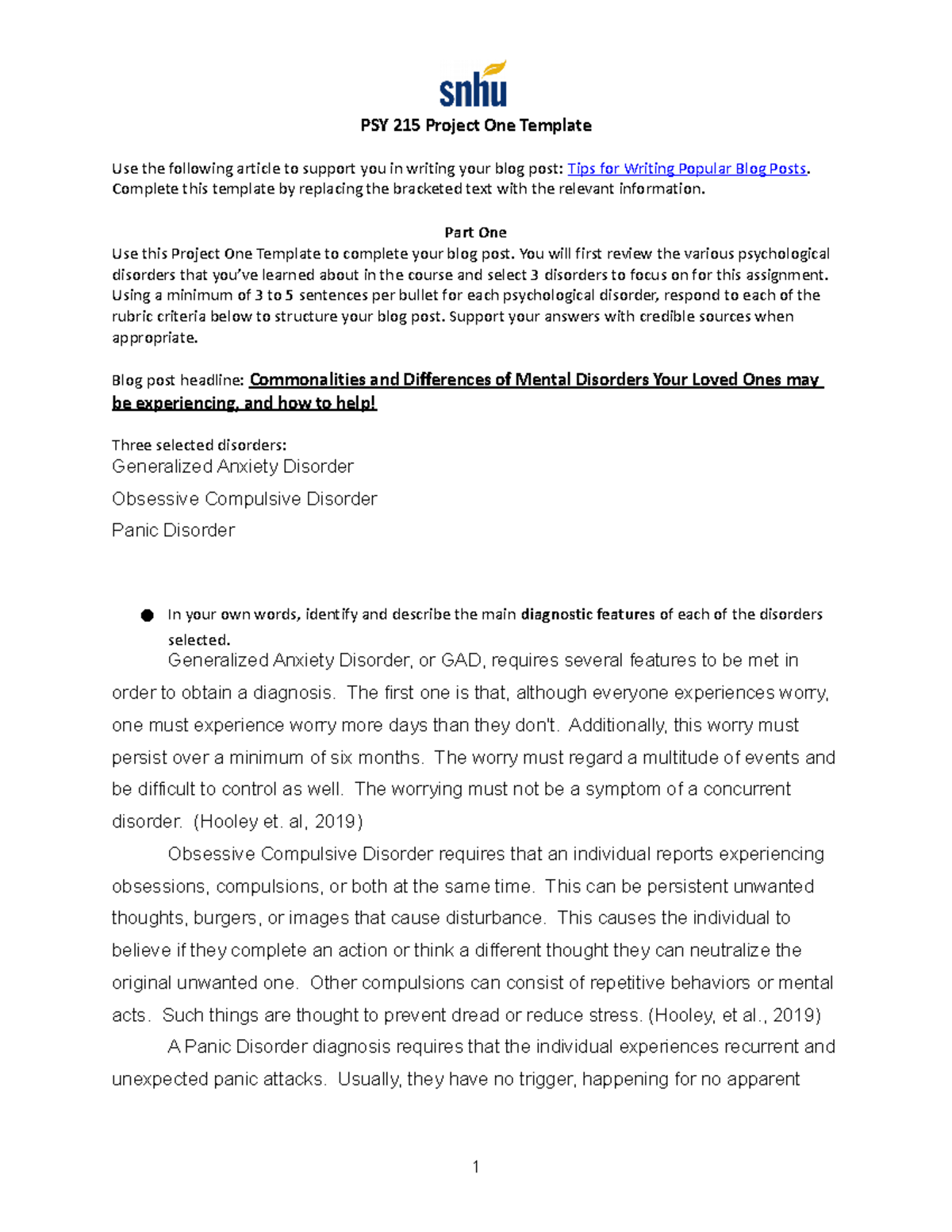 PSY 215 Project One: Exploring Mental Disorders & Strategies for ...