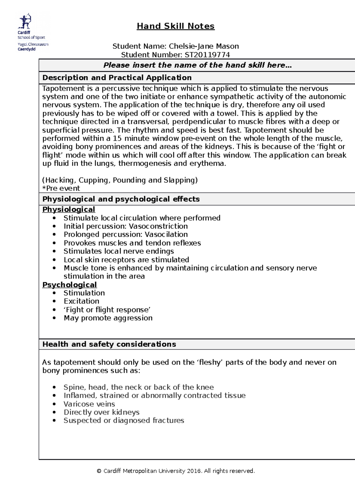 Hand Skill Notes on Tapotement (Physiotherapy Techniques) - Studocu
