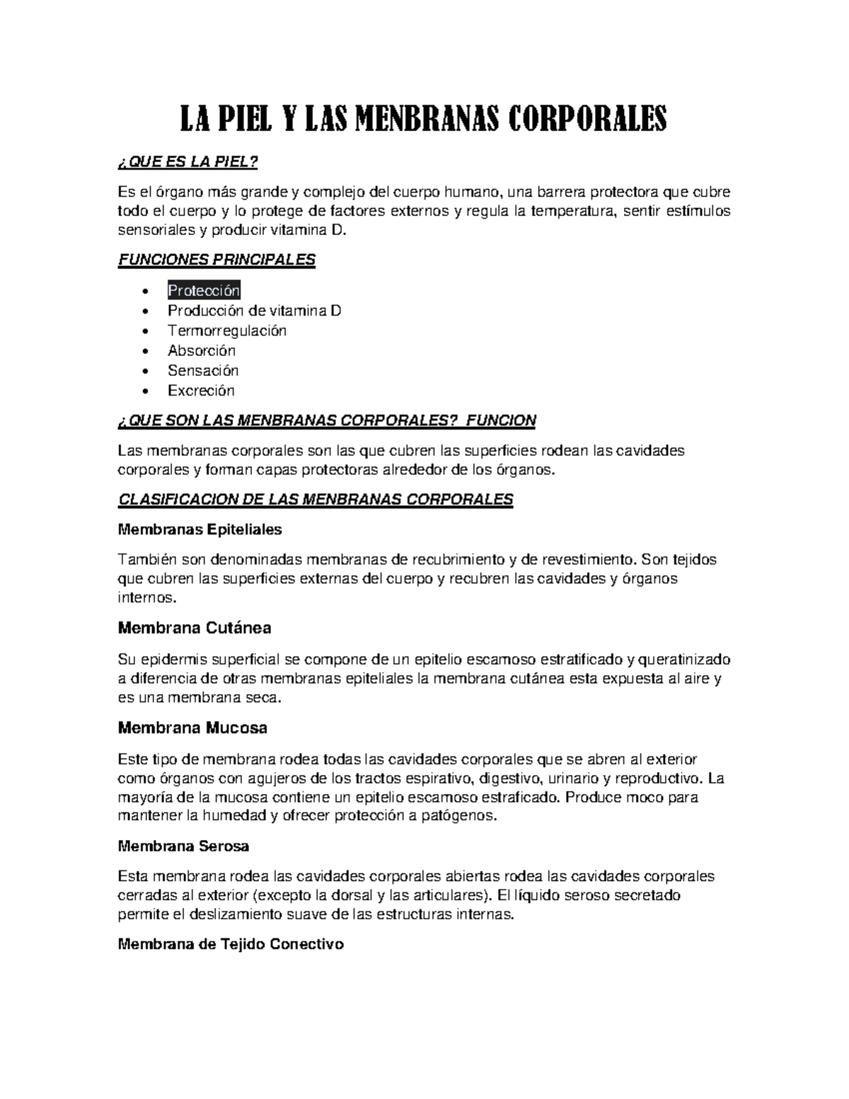 LA PIEL Y LAS MEMBRANAS CORPORALES: FUNCIONES Y ESTRUCTURAS - Studocu