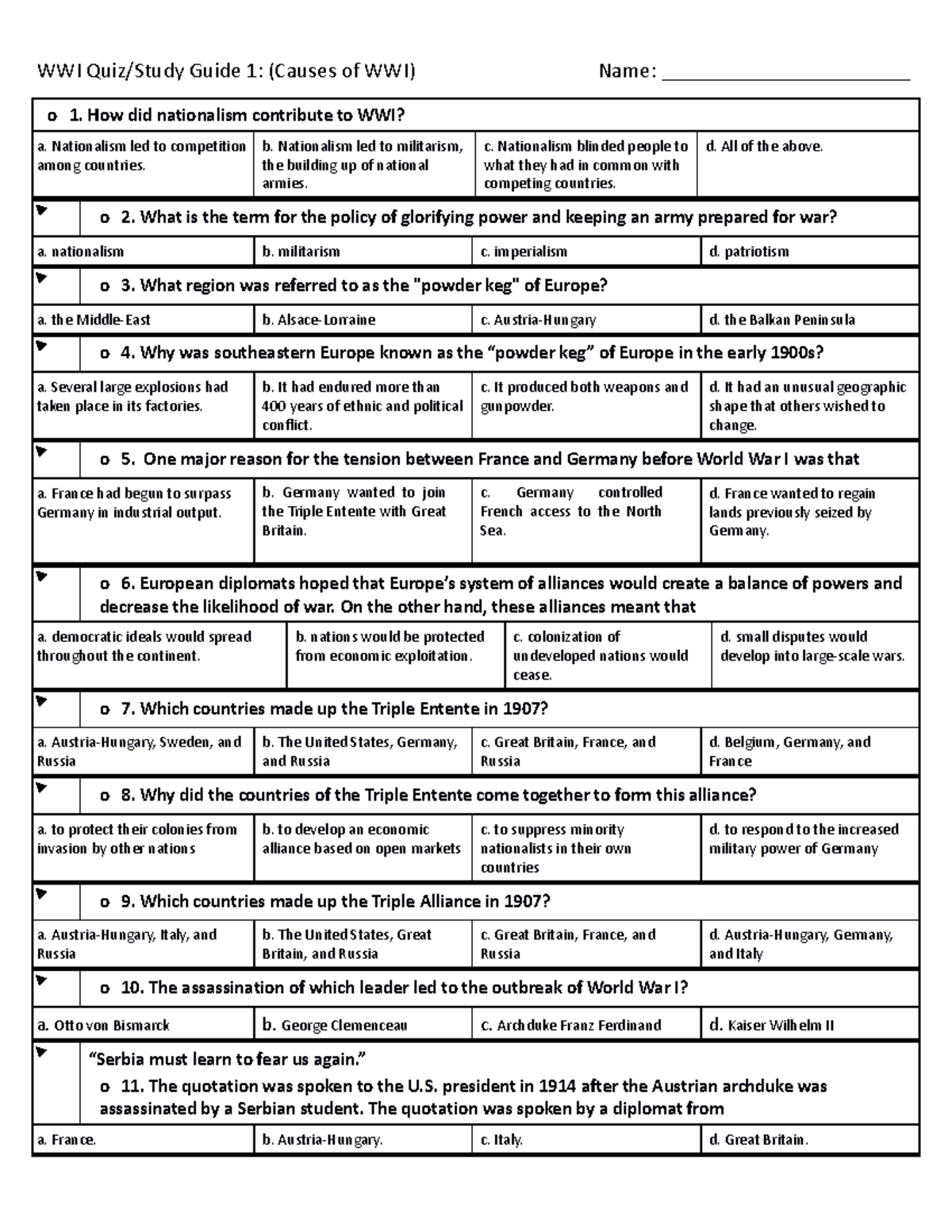 WWI Multiple Choice Quiz/Review: Key Causes & Events - Studocu