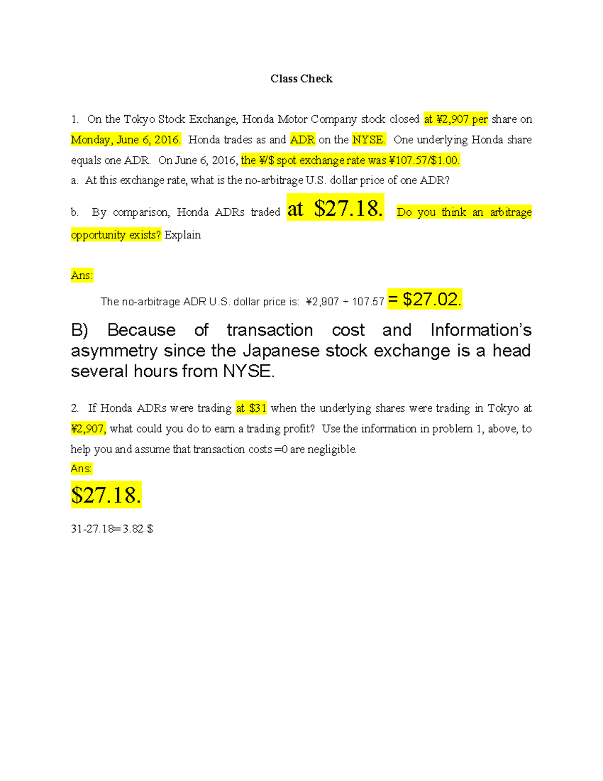 Equity Problem Solving: Class Check 1 on Honda ADRs - Studocu