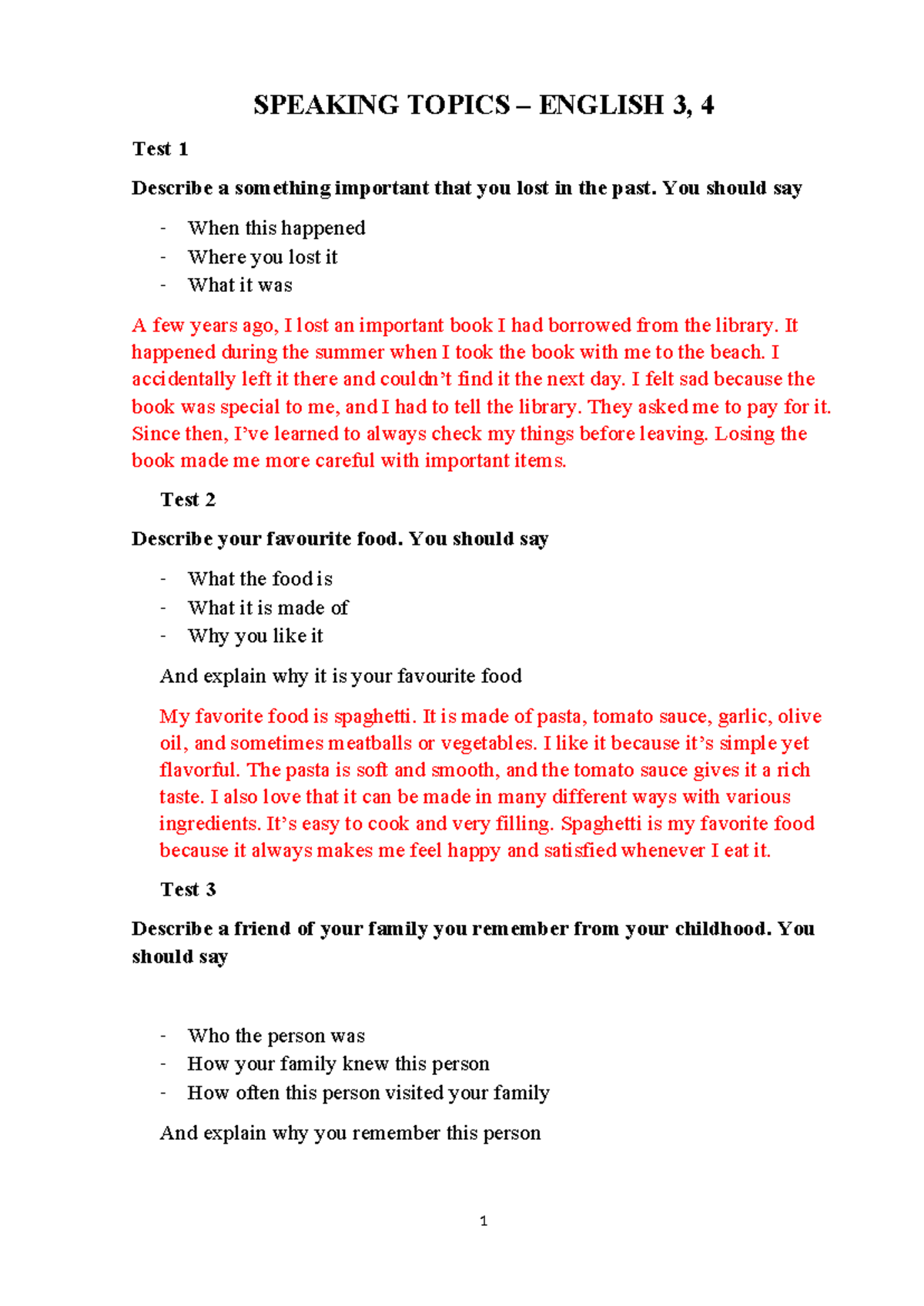 SPEAKING TOPICS TA3-4: Important Memories and Personal Experiences ...