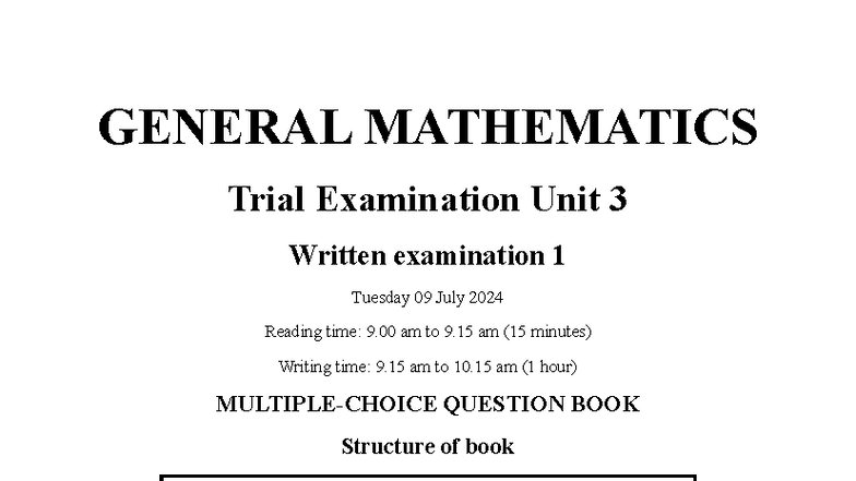 General Mathematics Unit 3 Trial Exam 1 - July 2024 - Studocu