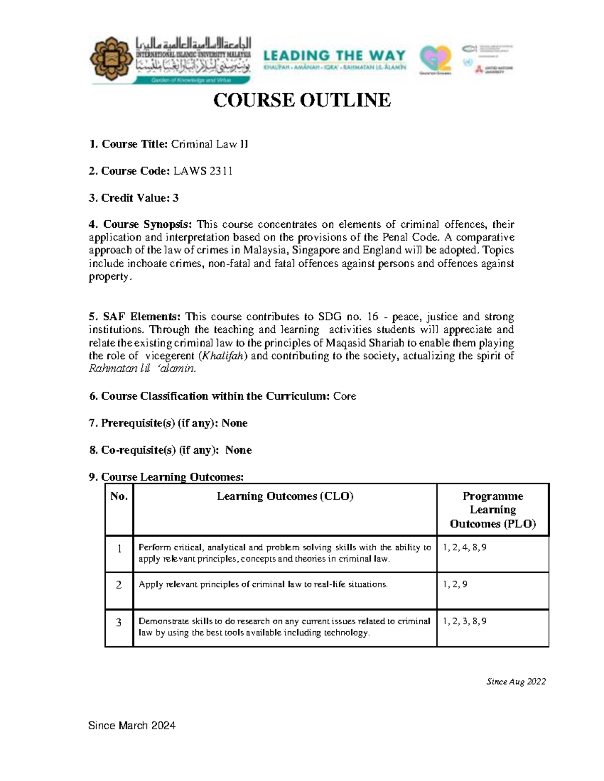 COCP LAWS 2311: Criminal Law II Course Outline and Assessment Details ...