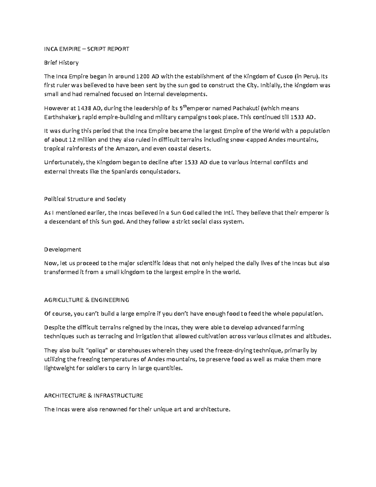 INCA Script - INCA EMPIRE – SCRIPT REPORT Brief History The Inca Empire ...