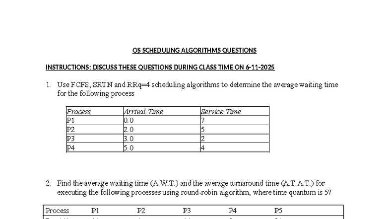 OS Scheduling Algorithms Questions and Average Waiting Time Analysis - Studocu