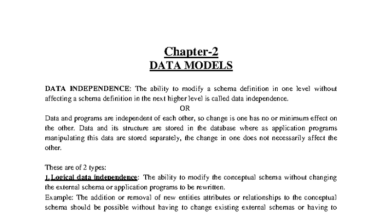 DATA MODELS: Understanding Data Independence and Structures (DBMS) - Studocu