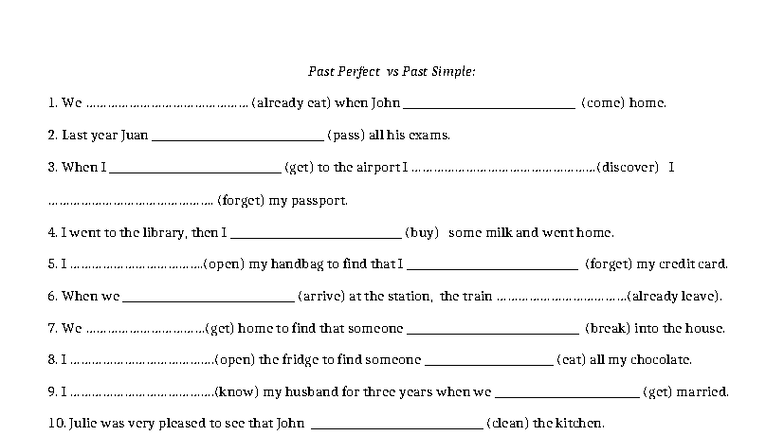 Past Perfect vs Past Simple: Exercises and Examples - Studocu