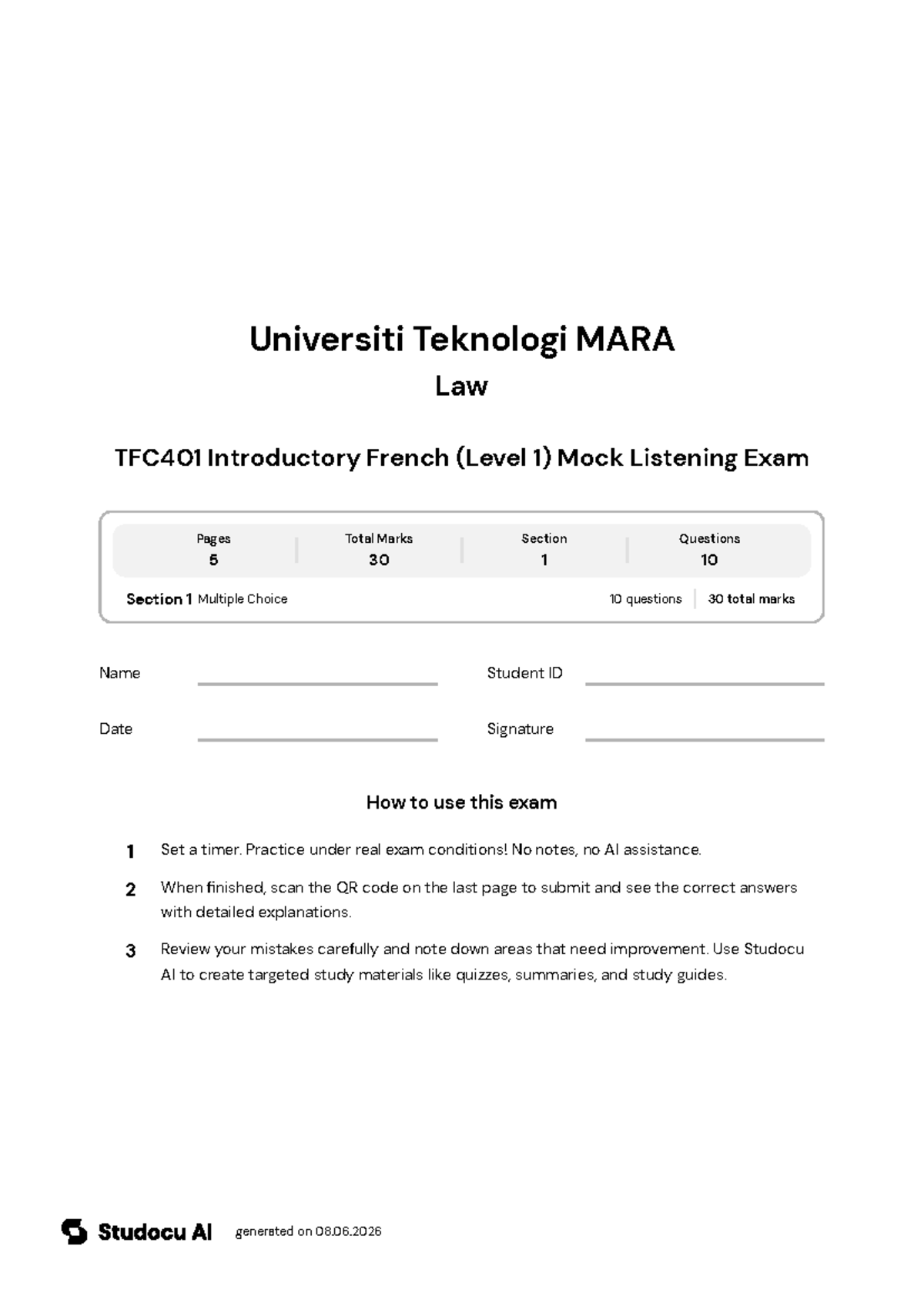 TFC401 Mock Listening Exam - Introductory French Level 1 - Studocu