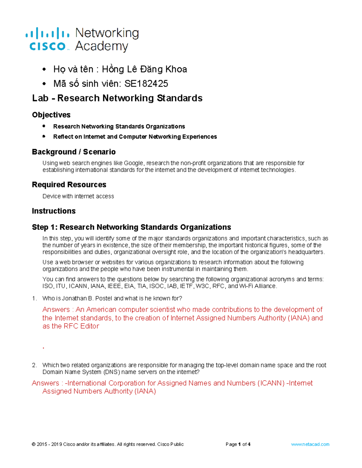 3.4.4 Lab - Research Networking Standards - Họ và tên : Hồng Lê Đăng ...