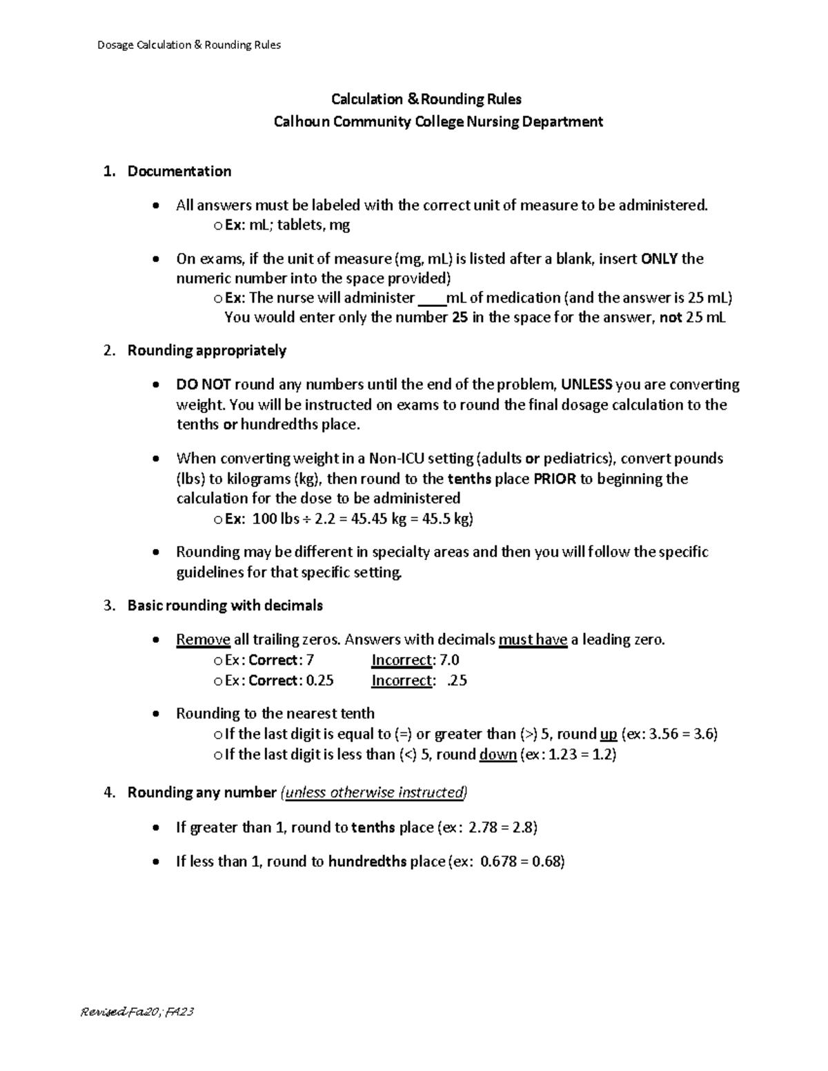 CCC Calculation & Rounding Rules Revised FA23 - Revised Fa20; FA 23 ...
