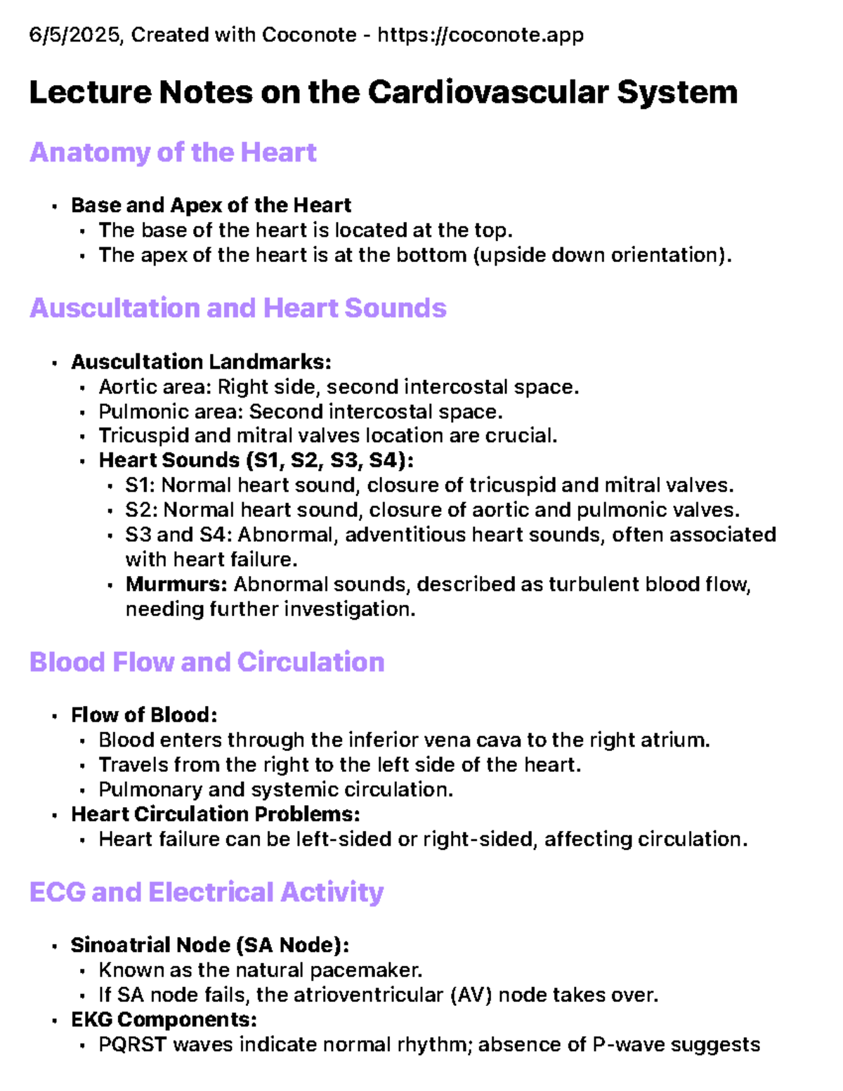 Cardio System FVI Lecture Notes: Anatomy, Function & Assessment - Studocu