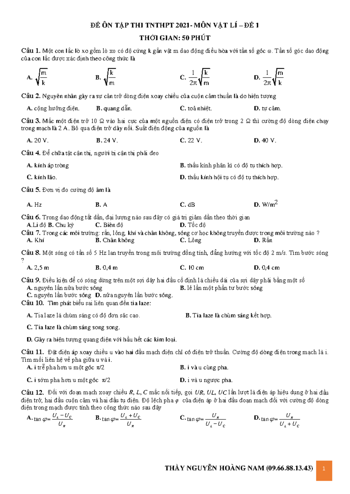 Cac de luyen thi so 1 - guhb - ĐÀ ÔN T¾P THI TNTHPT 2021- MÔN V¾T LÍ ...
