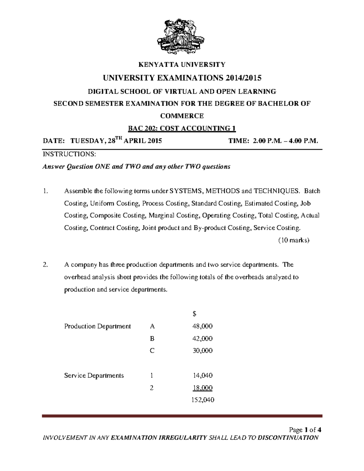 BAC 202: Cost Accounting Past Exam Papers (2015) - Studocu