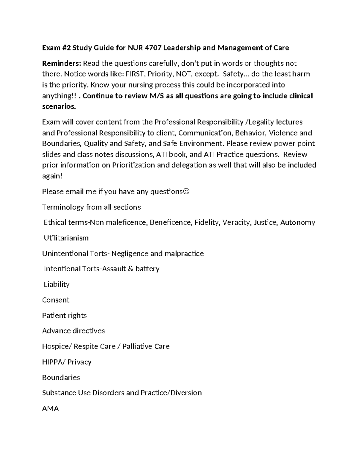 NUR 4707 Exam 2 Study Guide: Leadership & Management of Care - Studocu