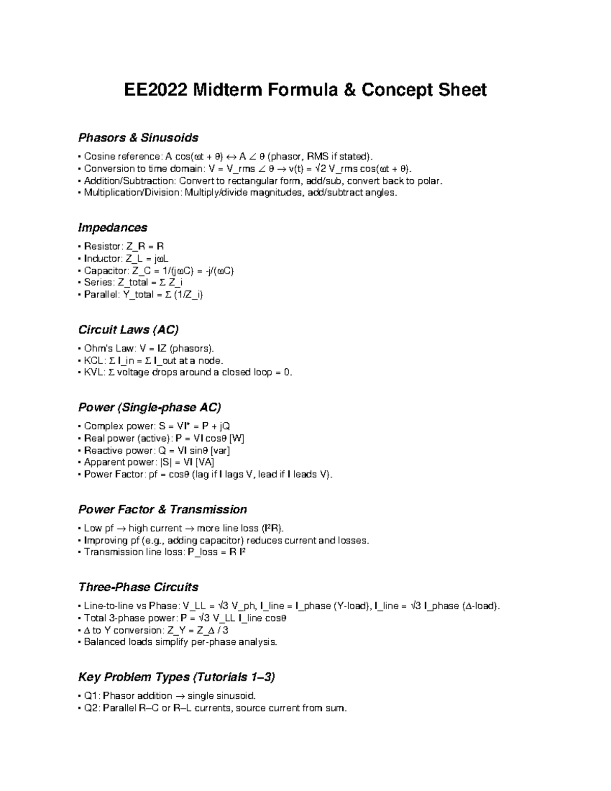 EE2022 Midterm Formula Concept Sheet: Phasors & Sinusoids - Studocu