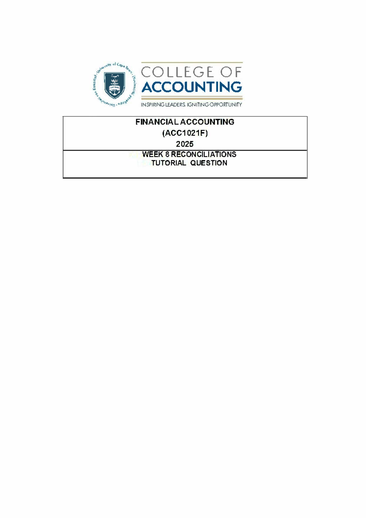 ACC1021 F 2025 Week 8 Bank Reconciliation Tutorial Question 31 - Studocu
