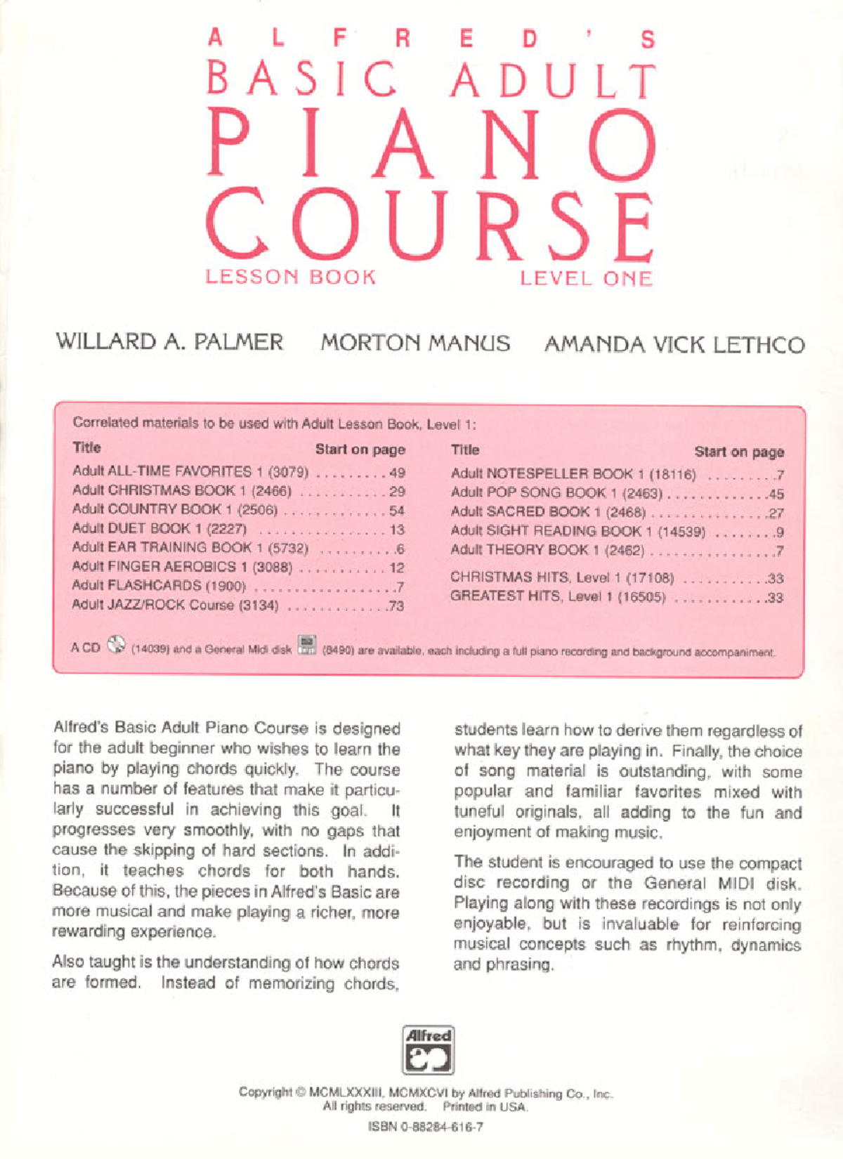 Alfred's Basic Adult Piano Course: Level One Lesson Book PDF - Studocu